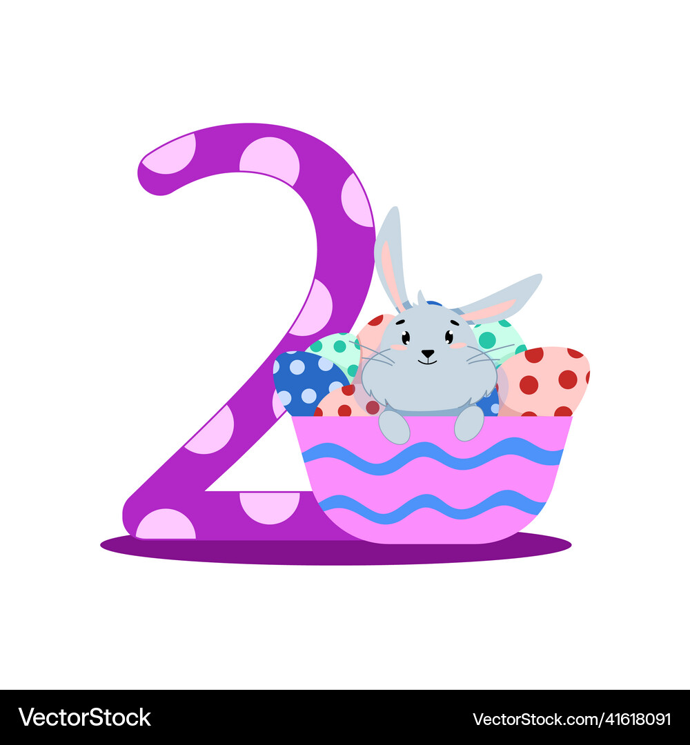 Number two with a gray bunny sitting in a basket Vector Image