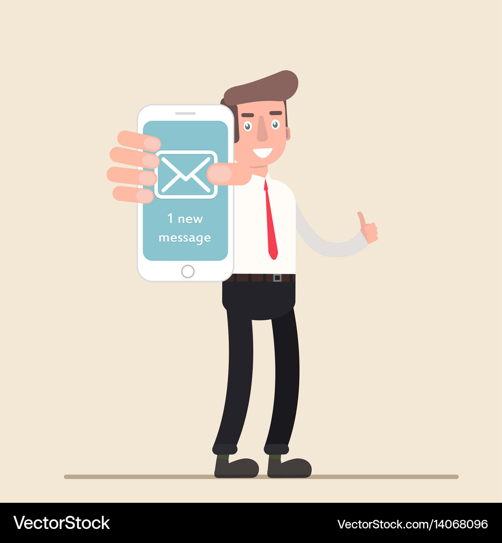 Businessman shows phone message isolated Vector Image