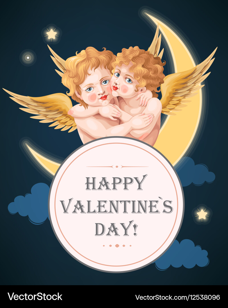 Vintage card with embracing angels Royalty Free Vector Image