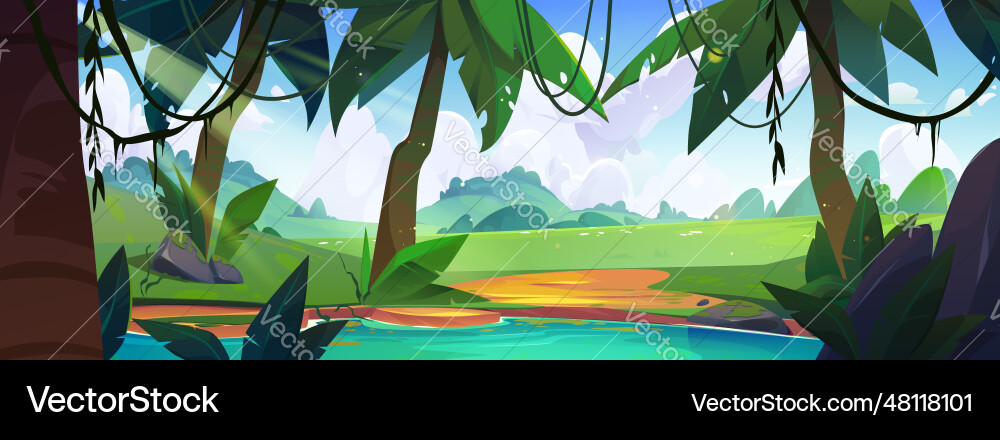 Jungle forest with lake cartoon background Vector Image