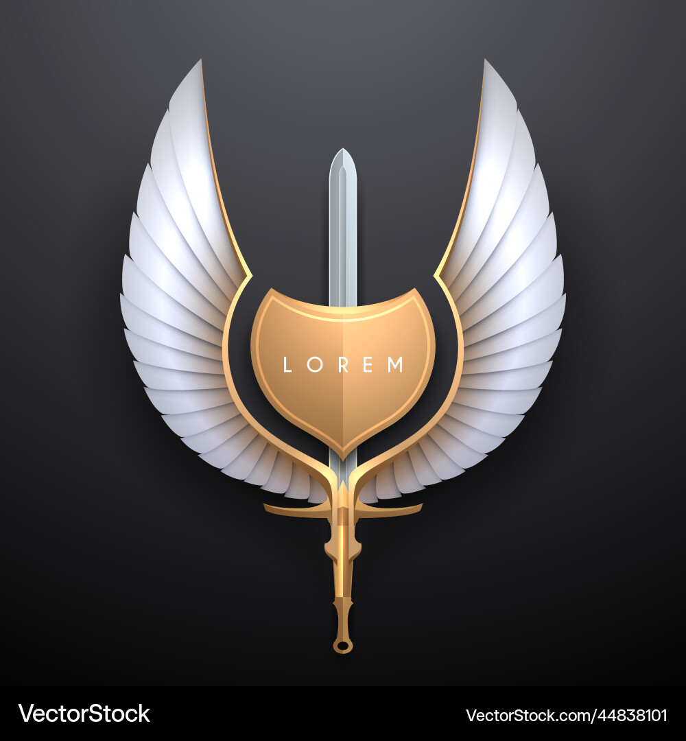 White and gold wings with sword and shield Vector Image