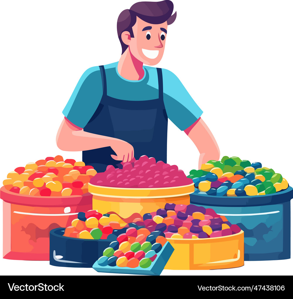Cheerful seller a sweets candies Royalty Free Vector Image