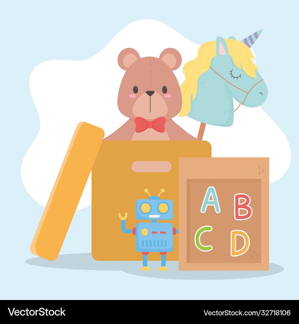 Kids toys object amusing cartoon box with teddy Vector Image