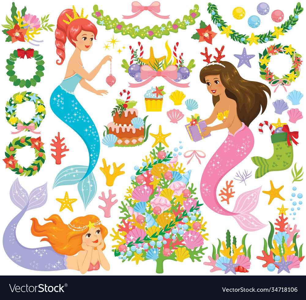 Mermaid christmas clip art set Royalty Free Vector Image