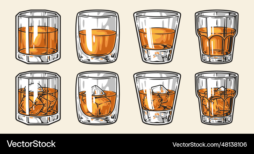 Whiskey glasses colorful set sticker Royalty Free Vector