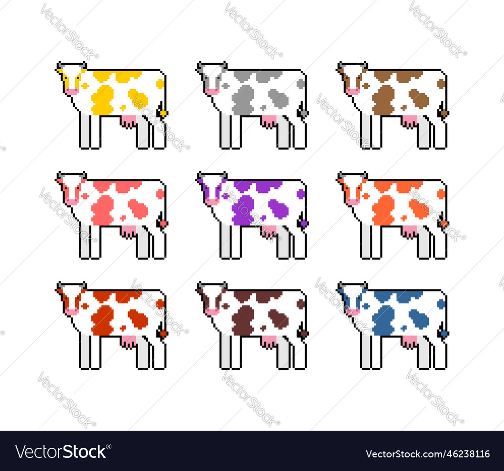 Cow pixel ar set 8 bit farm animal cartoon Vector Image