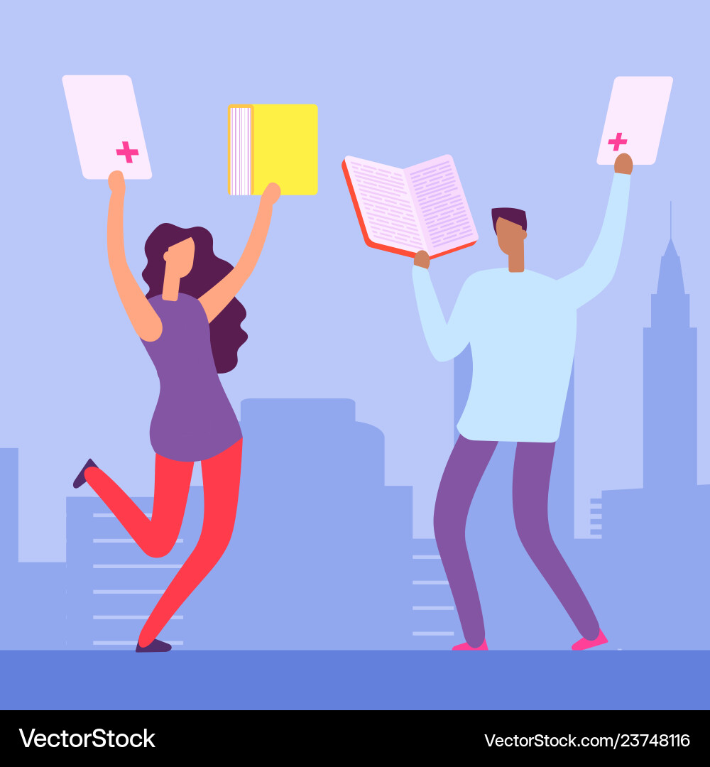 Happy students with books and excellent marks Vector Image