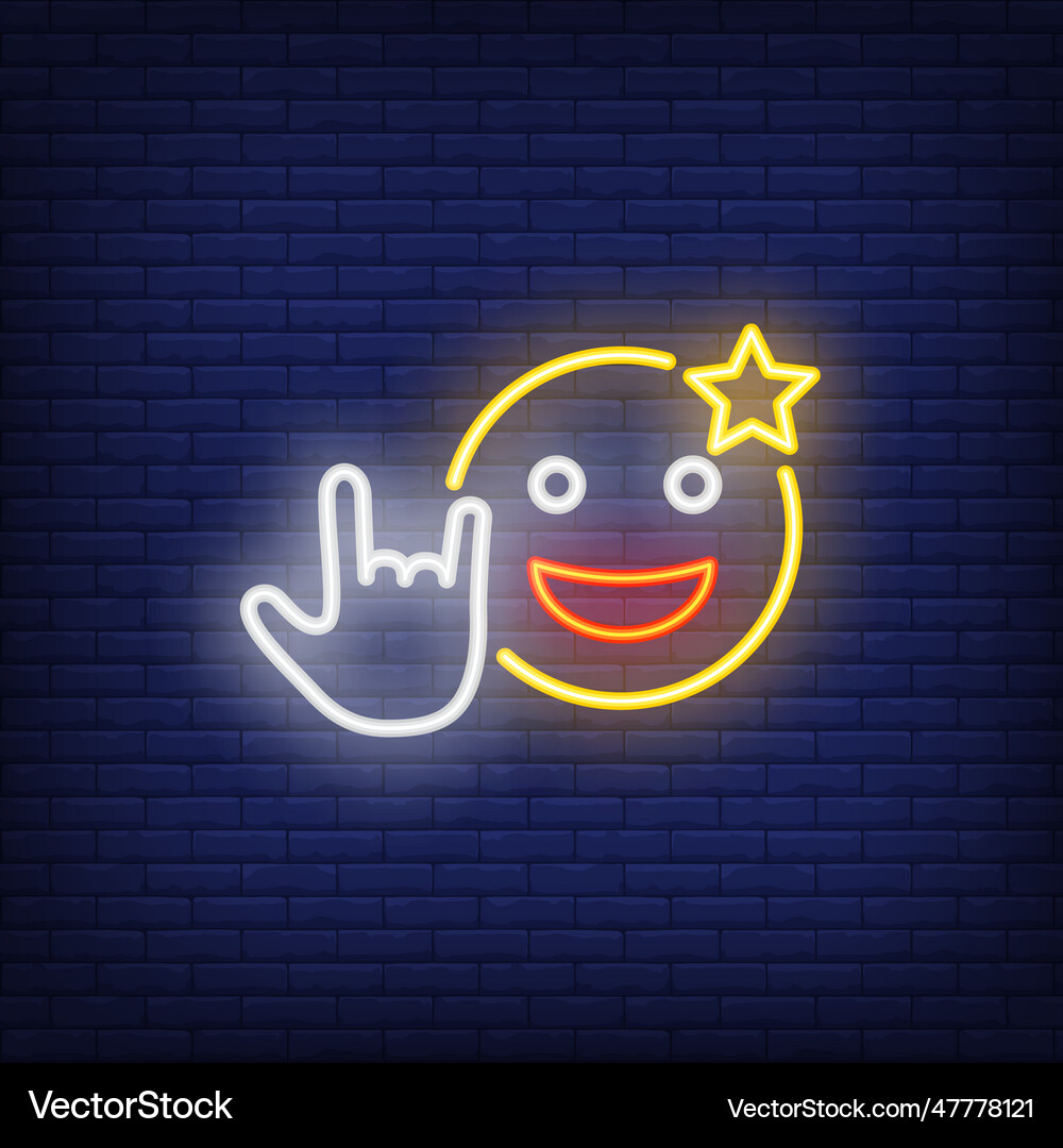 Excited emoticon with cool gesture neon sign Vector Image