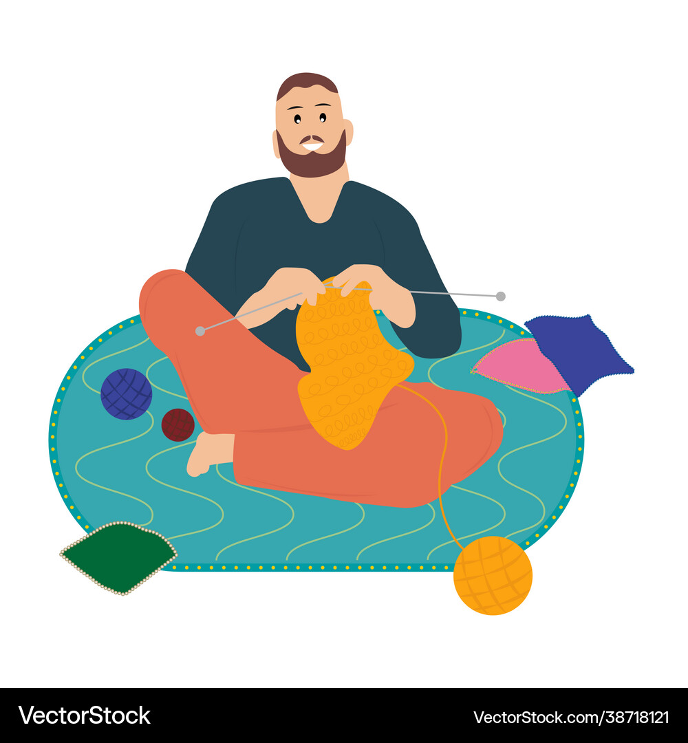 Knitting man with needles at cozy home Royalty Free Vector