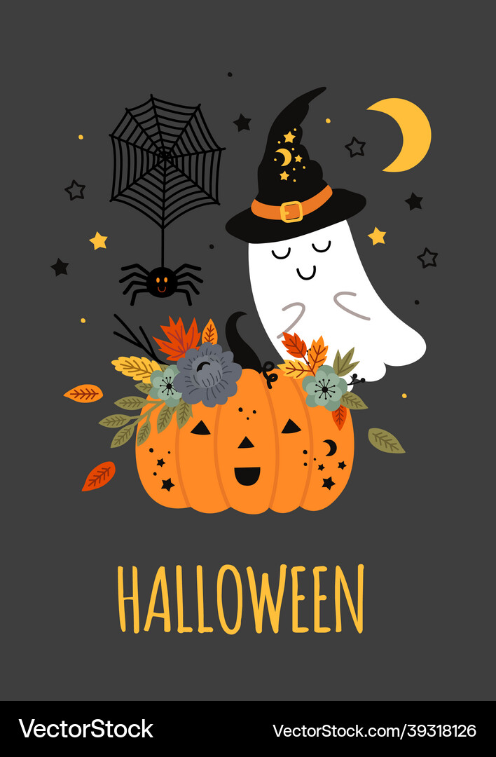 Cute Halloween Poster - Pumpkins, Ghosts & Spiders
