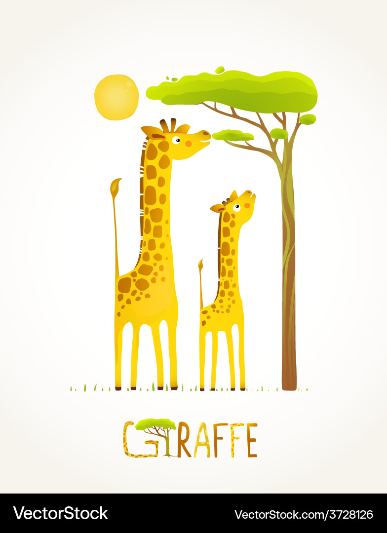 Fun cartoon african giraffe animals eating foliage