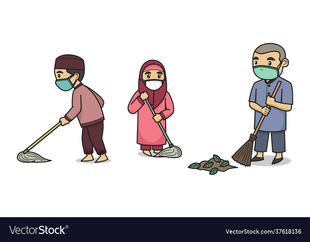 Children characters clean something while Vector Image