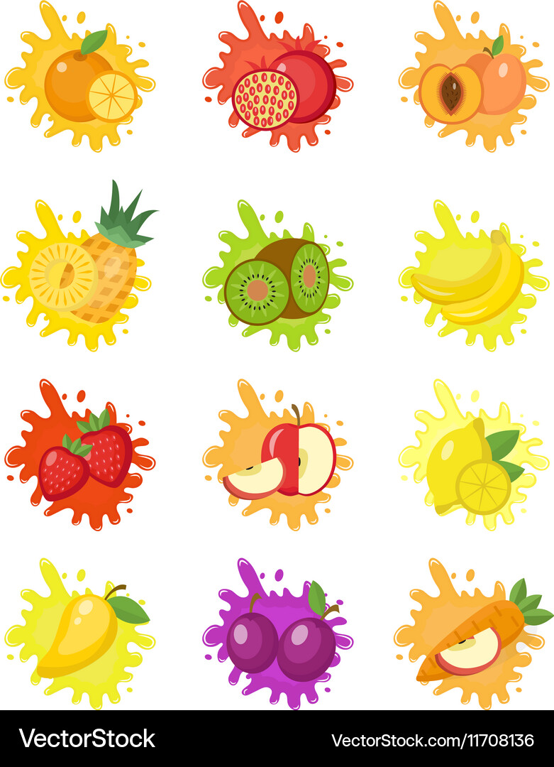 Fruits splash set of labels Fruit splashes drops Vector Image