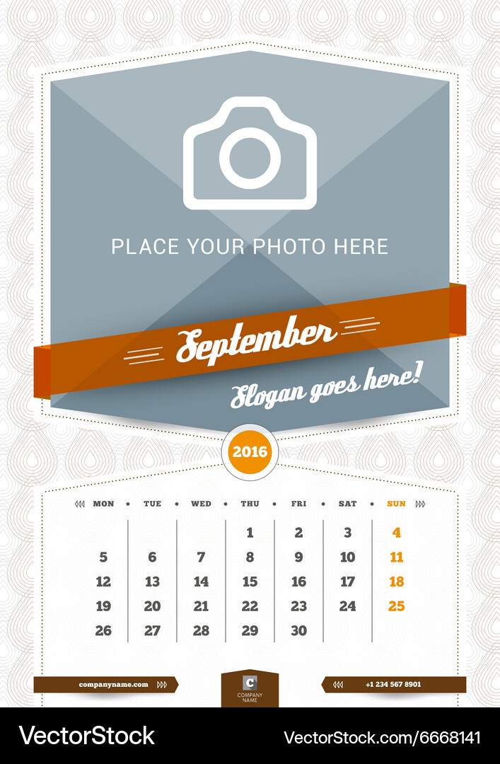 September 2016 wall monthly calendar for year Vector Image