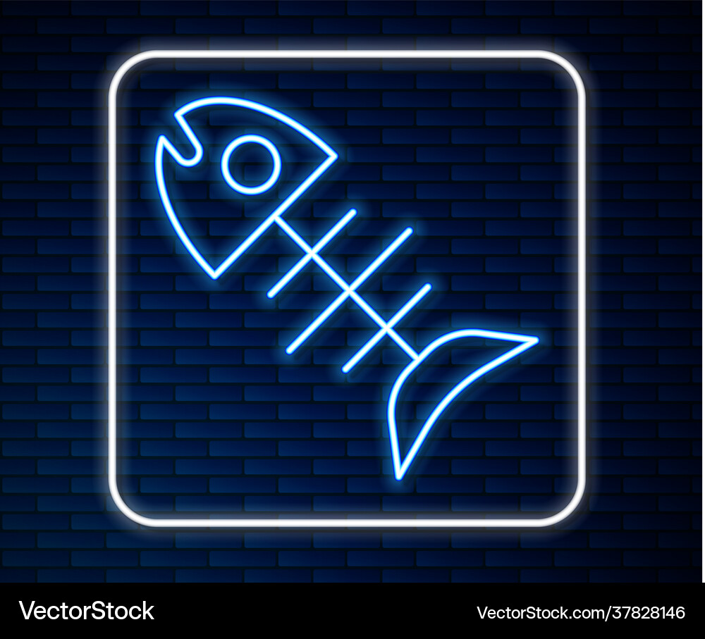 Glowing neon line dead fish icon isolated on brick