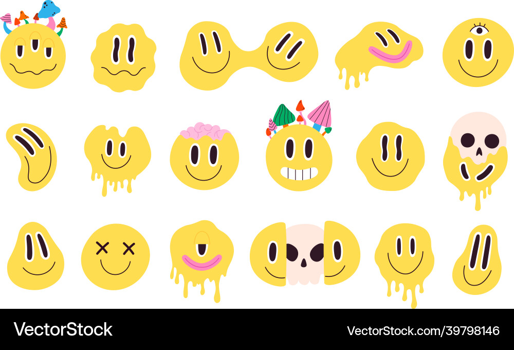 Retro melting crazy and dripping smiley face Vector Image