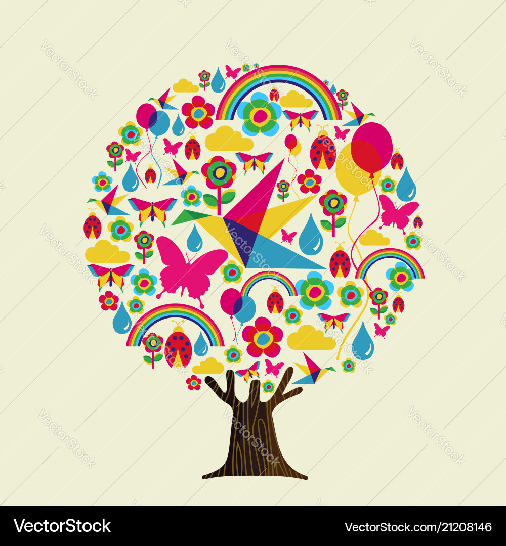 Spring season tree colorful springtime icons Vector Image