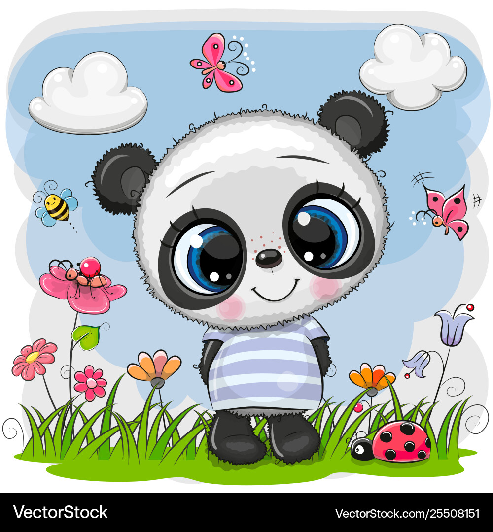 Cute cartoon bapanda on a meadow Royalty Free Vector Image