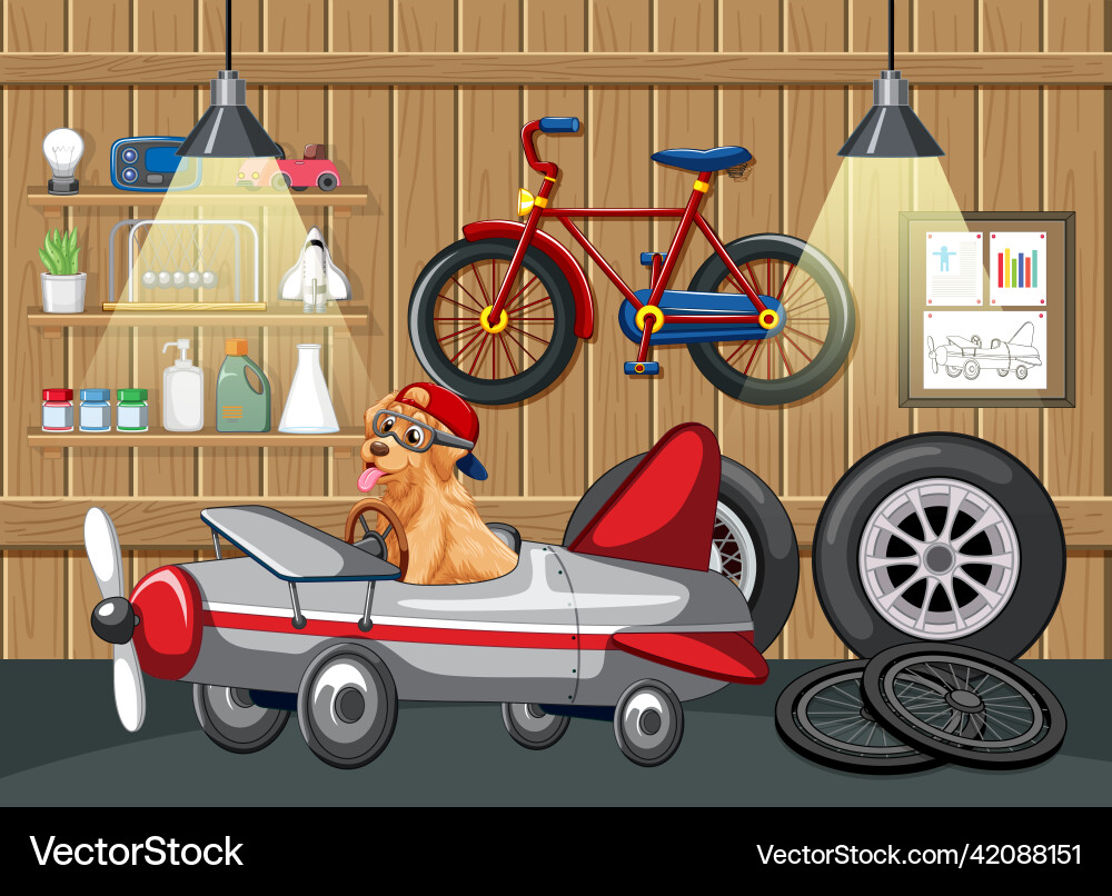 Dogs driving car in garage Royalty Free Vector Image