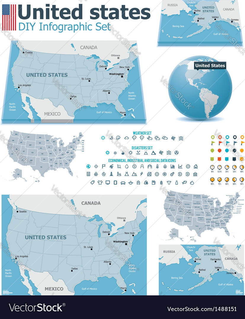 United states maps with markers Royalty Free Vector Image