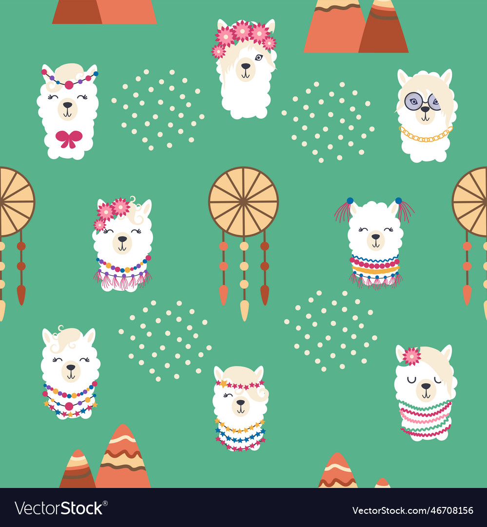 Seamless pattern with llama alpaca faces cute Vector Image