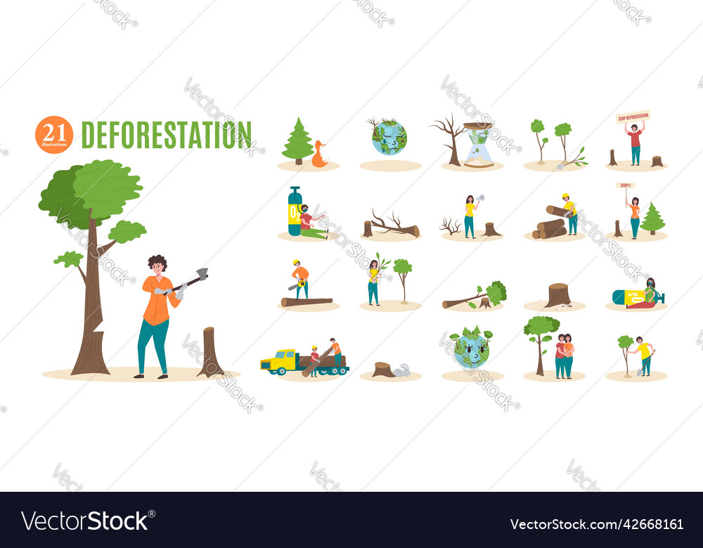 Deforestation flat composition set Royalty Free Vector Image