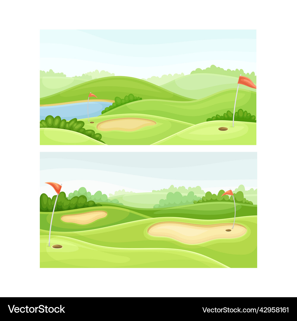 Golf course set green field sand bunker and red Vector Image