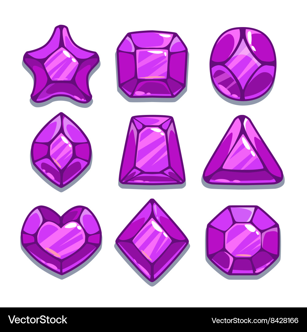 Cartoon purple different shapes gems Royalty Free Vector