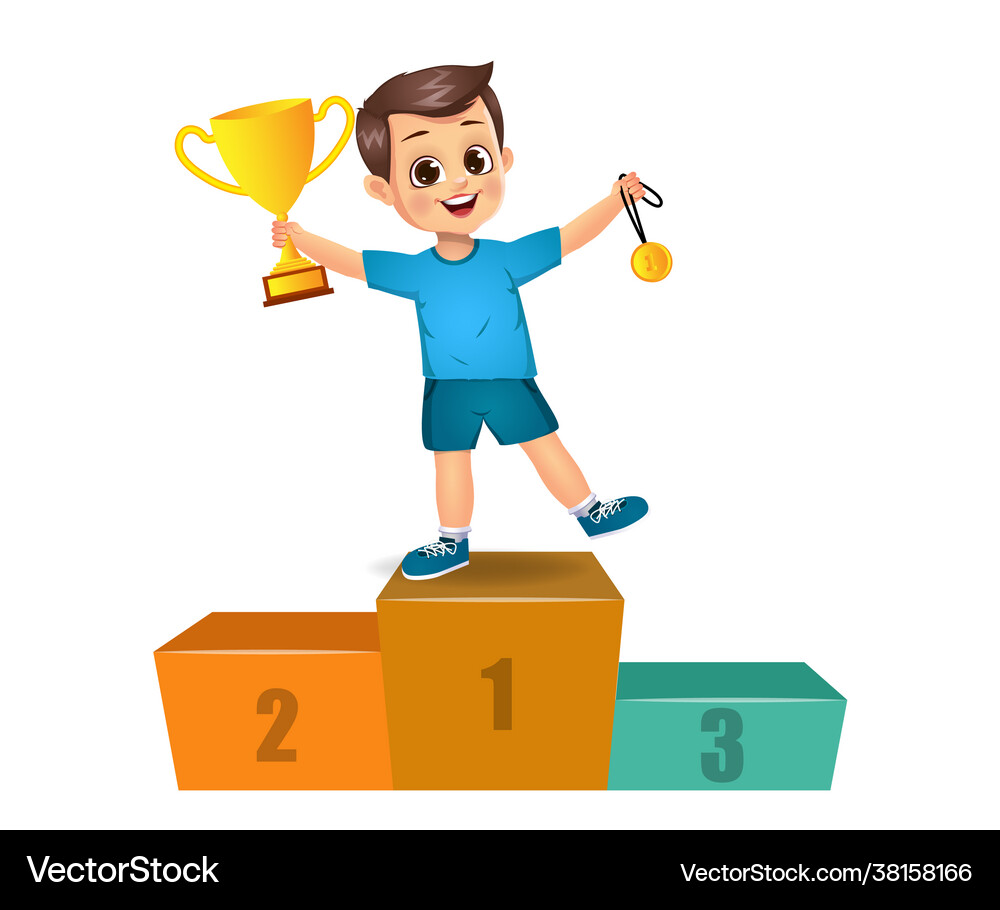 Cute winner child standing on podium Royalty Free Vector