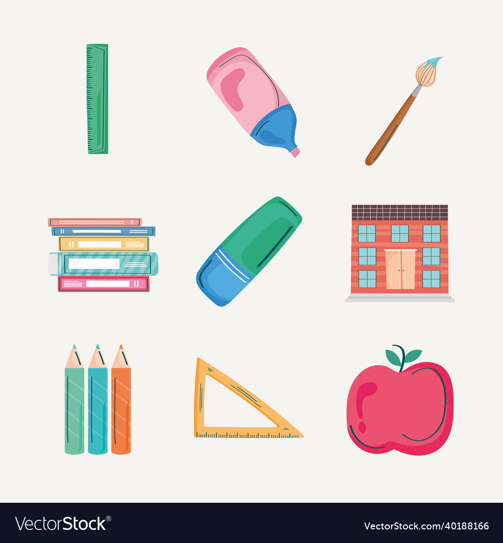 Nine school supplies icons Royalty Free Vector Image