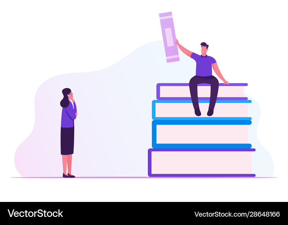 Student with textbook in hand sitting on huge heap