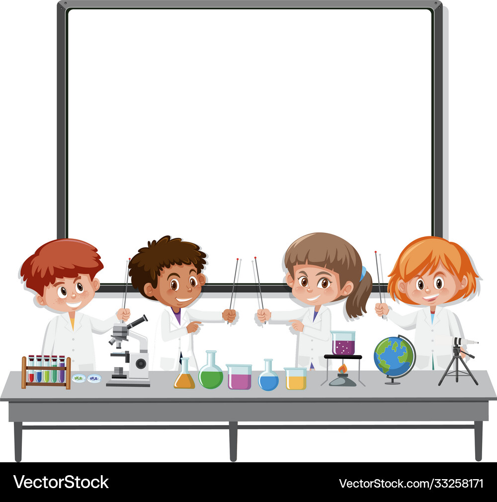 Blank white board and children in scientist Vector Image