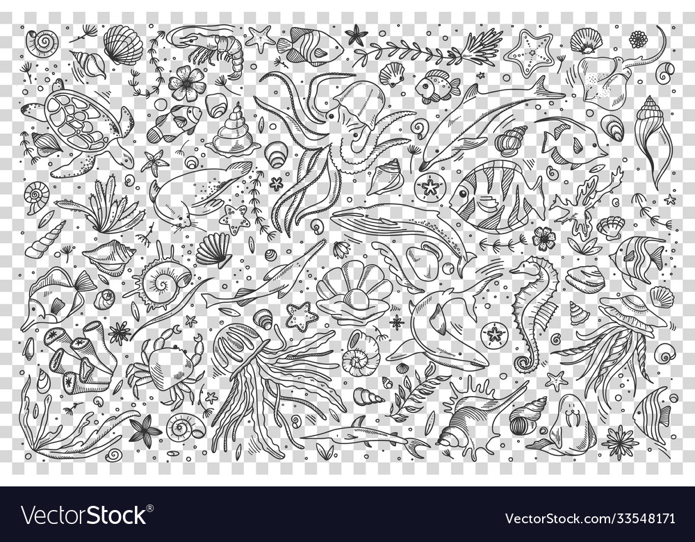 Marine life doodle set Royalty Free Vector Image Marine life doodle set Royalty Free Vector Image