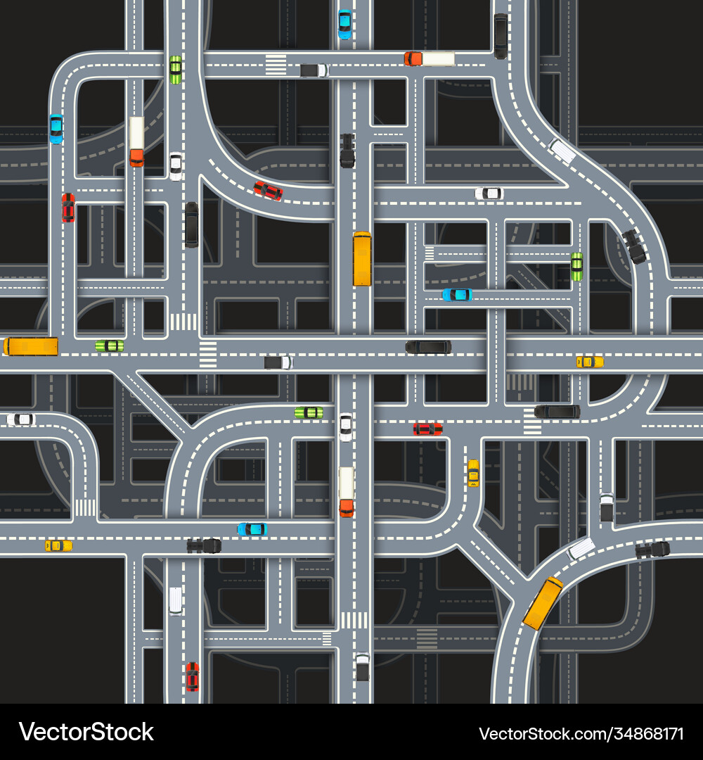 Road junctions on dark background with cars top Vector Image