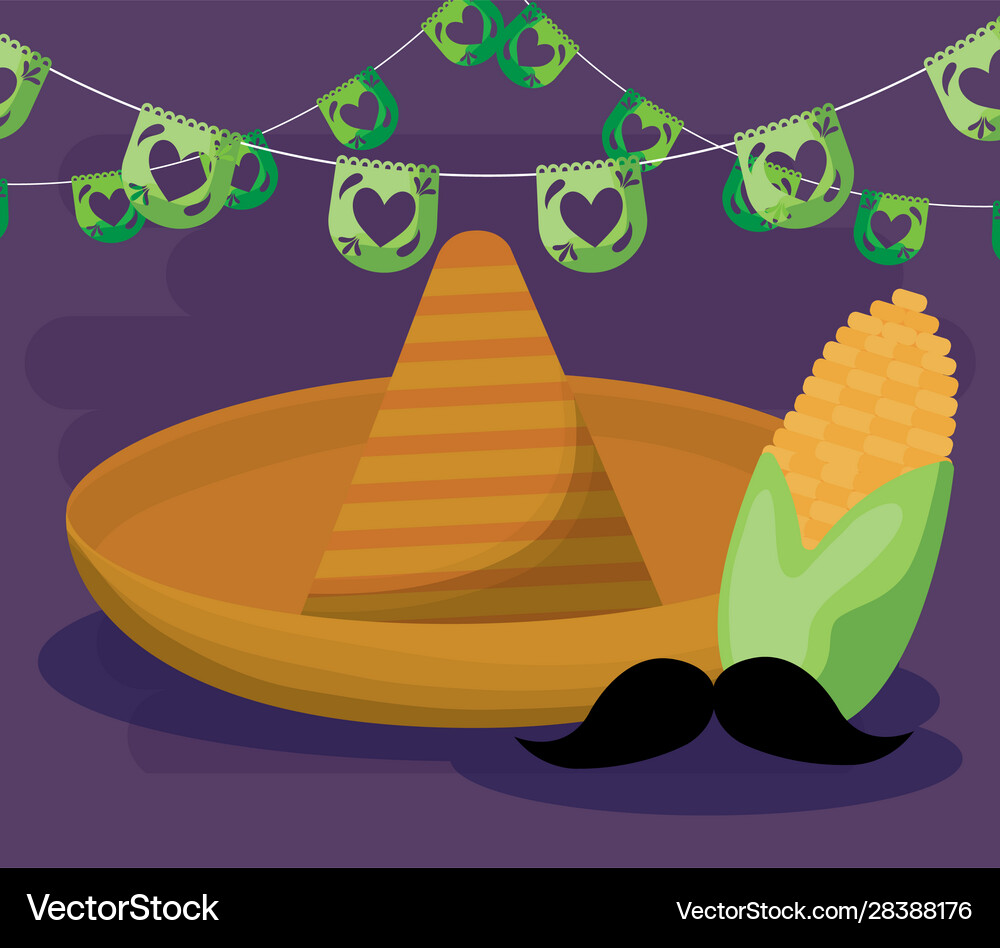Mexican hat and corn with banner pennant Vector Image