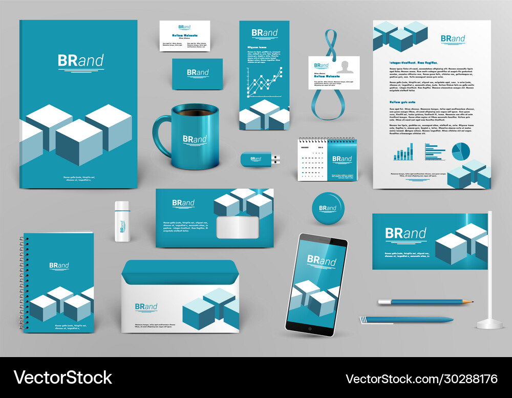 Modern Blue Branding Kit - Cubes & Stationery Vector Image