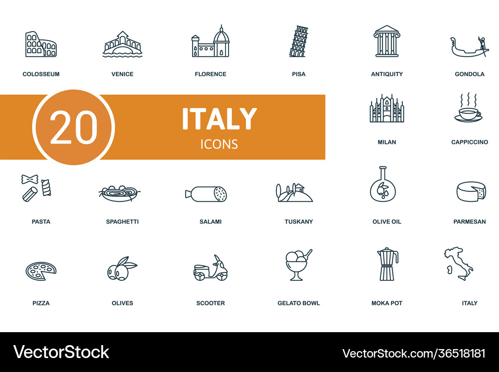 Italy icon set contains editable icons Royalty Free Vector