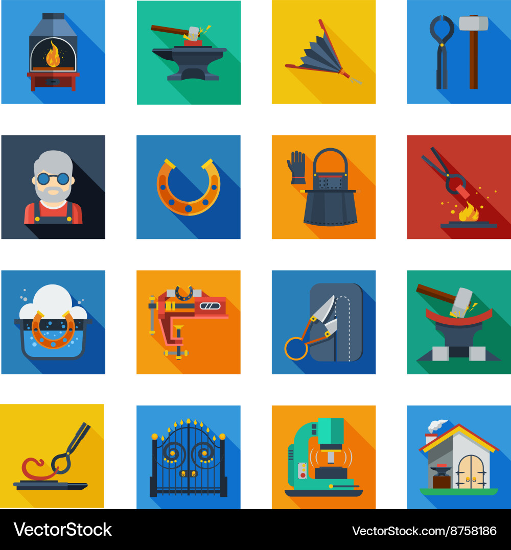 Blacksmith Icons In Colorful Squares Royalty Free Vector