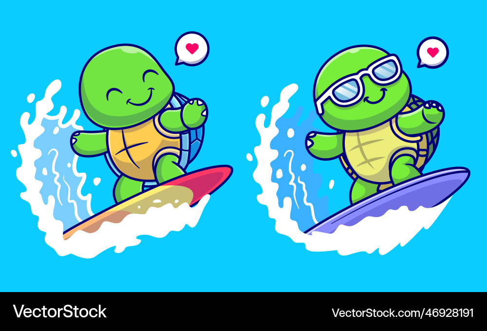 Cute turtle surfing on wave cartoon icon Vector Image