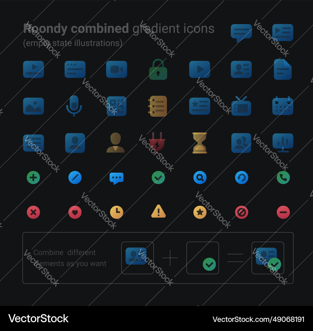 Roondy gray combined icons dark theme Royalty Free Vector