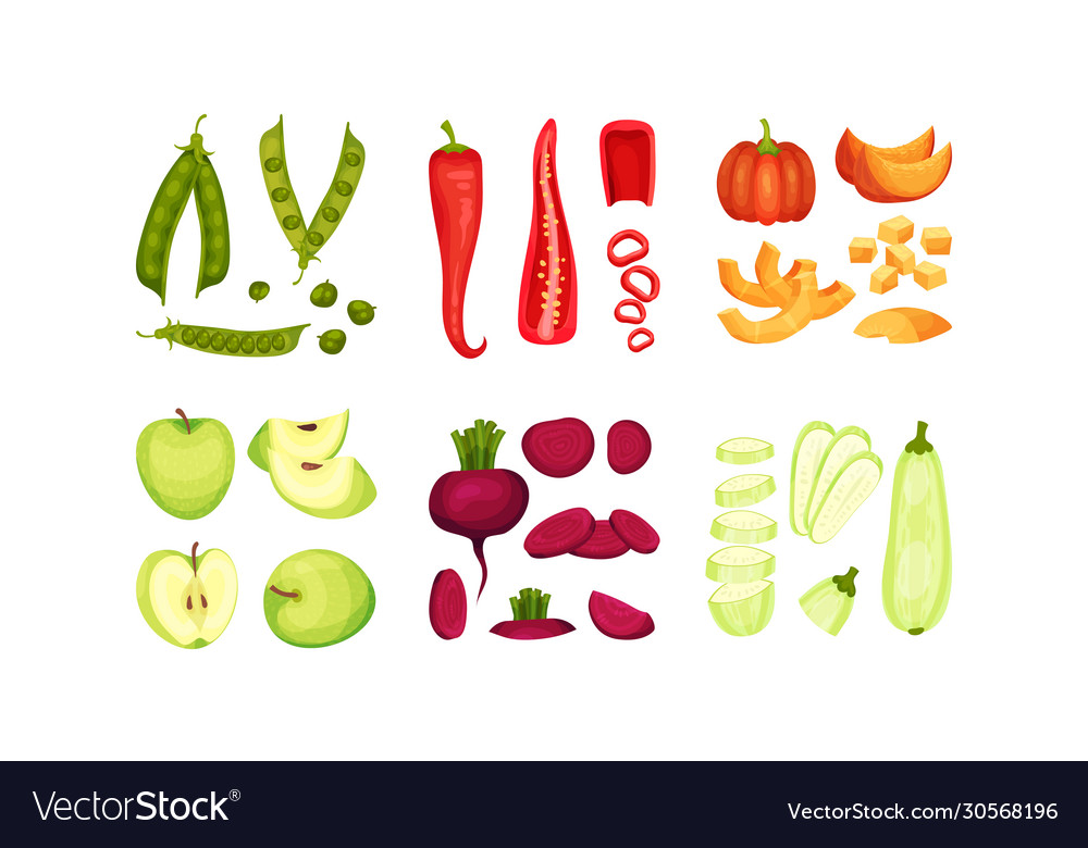 Whole and chopped vegetables and fruits set Vector Image