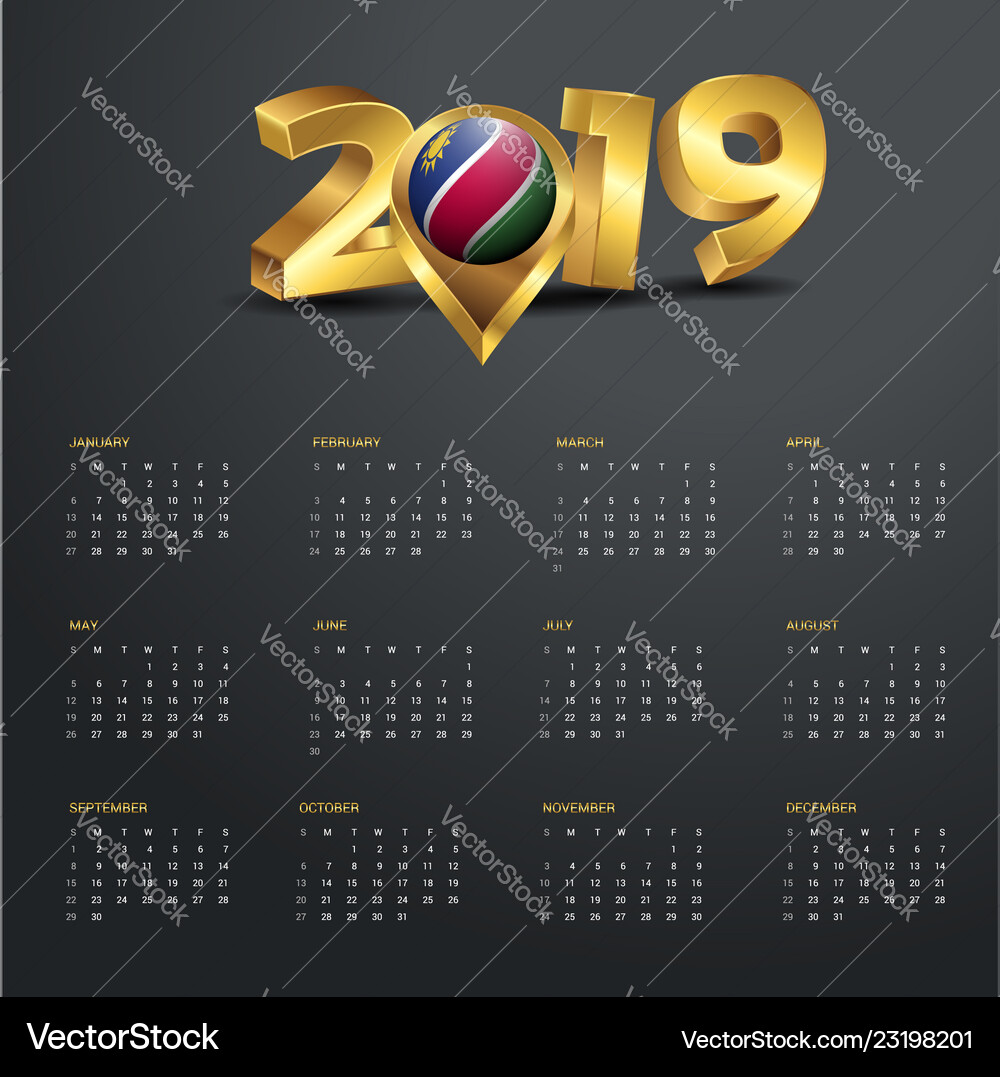 2019 calendar template namibia country map golden Vector Image