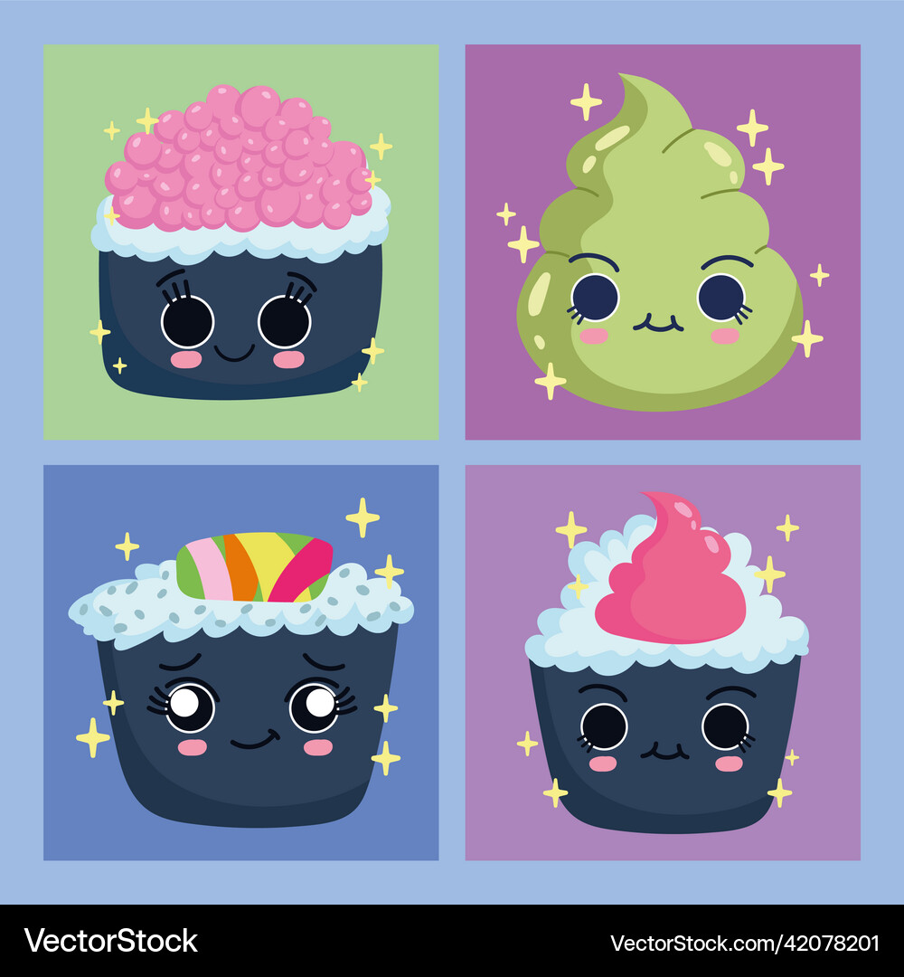 Sushi kawaii icons collection Royalty Free Vector Image