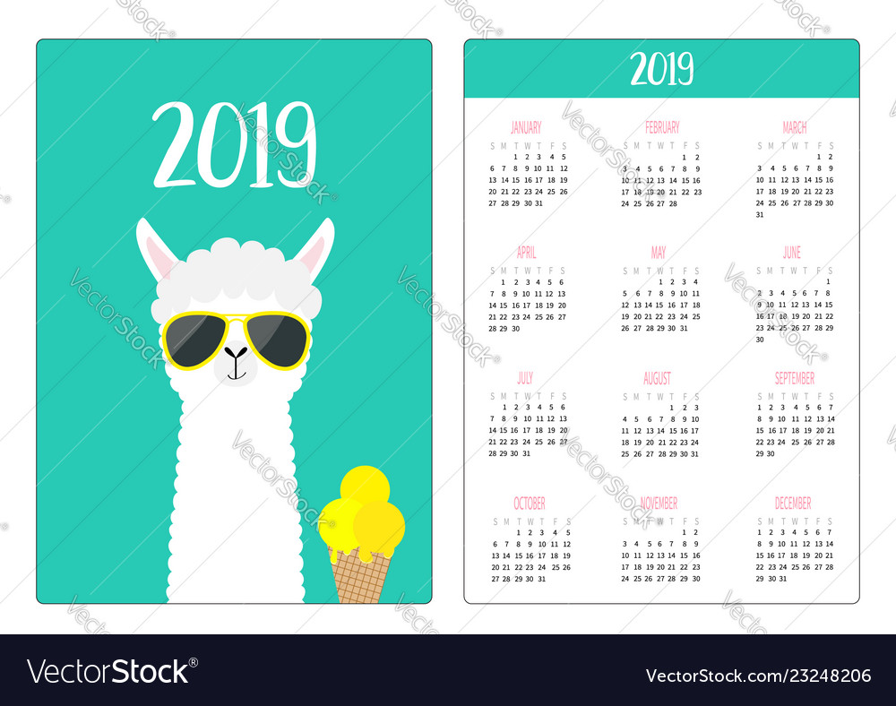 Llama alpaca and icecream simple pocket calendar Vector Image