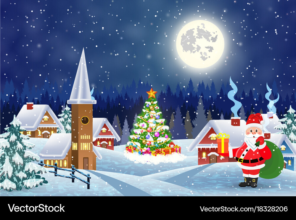 Snowy Christmas Landscape with Santa Royalty Free Vector
