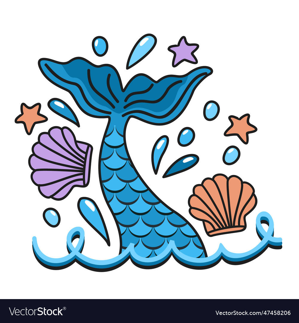 Tail of mermaid waves drops seashells and sea Vector Image