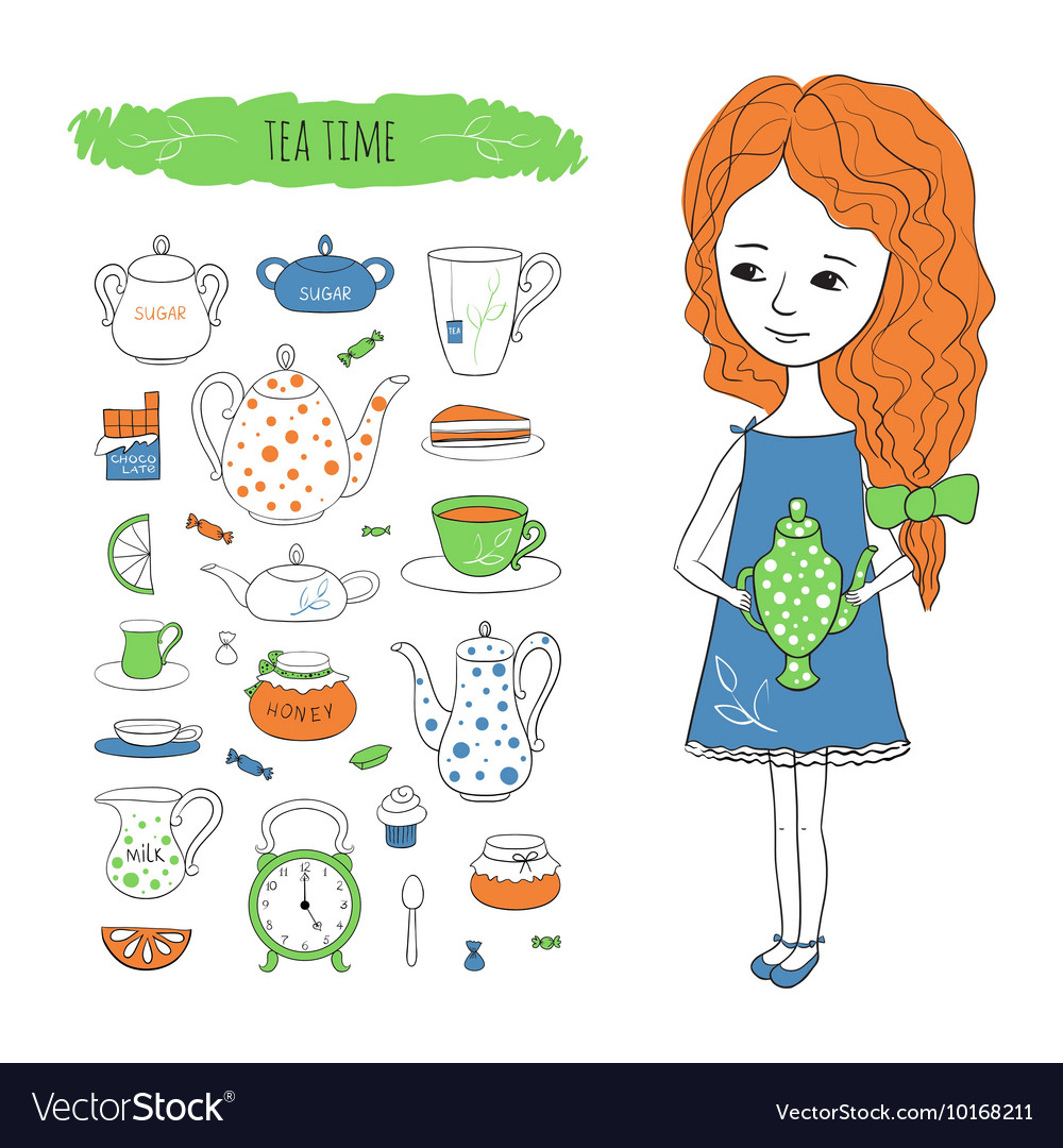 Tea time with image of girl Royalty Free Vector Image