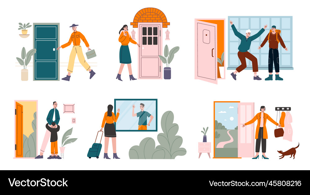 People return home men and women enter doors Vector Image