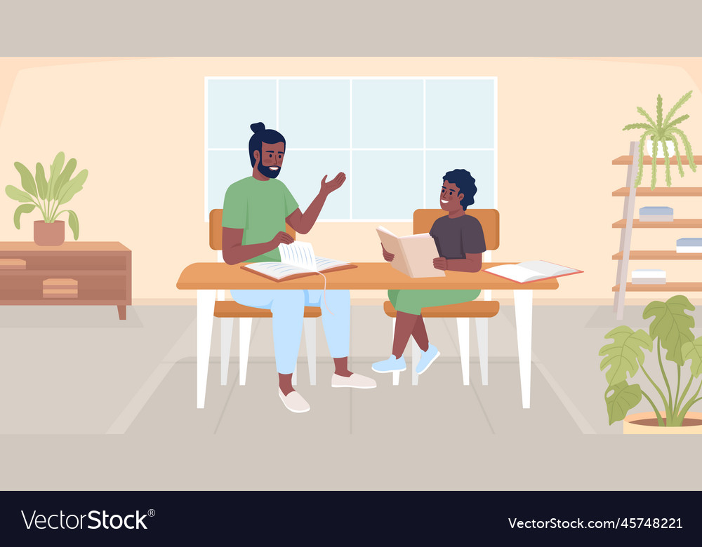 Parent supporting son to solve math assignment Vector Image