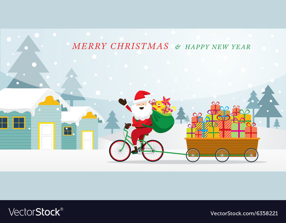 Santa claus cycling bicycles with gift in cart Vector Image